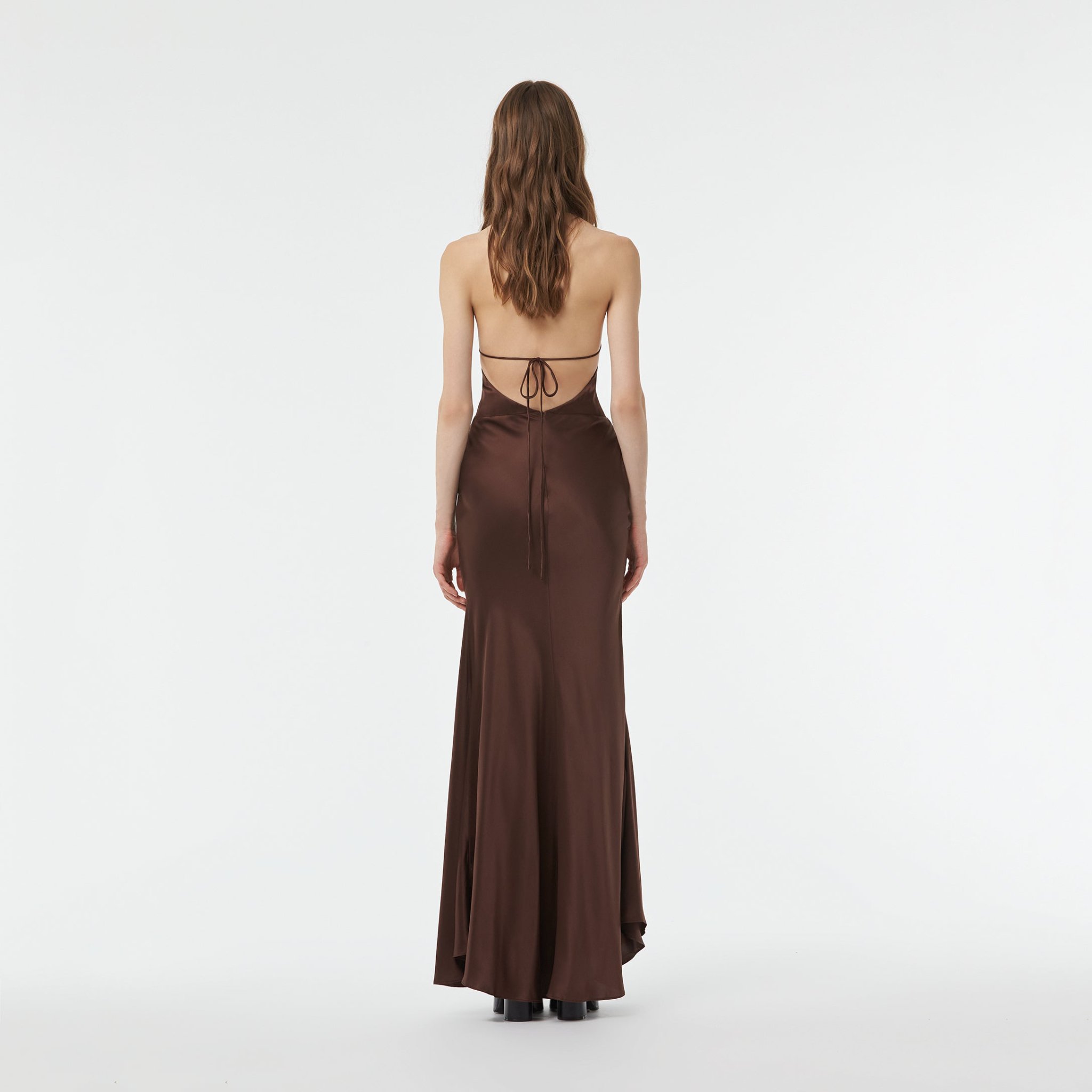 LONG SILK BACKLESS DRESS IN CHOCOLATE - Helga Design
